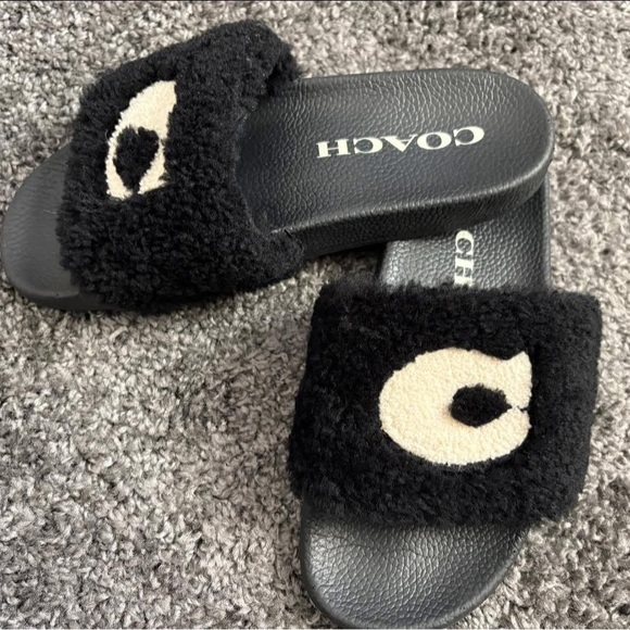 Coach | Shoes | Coach Black And Cream Fuzzy Slides | Poshmark